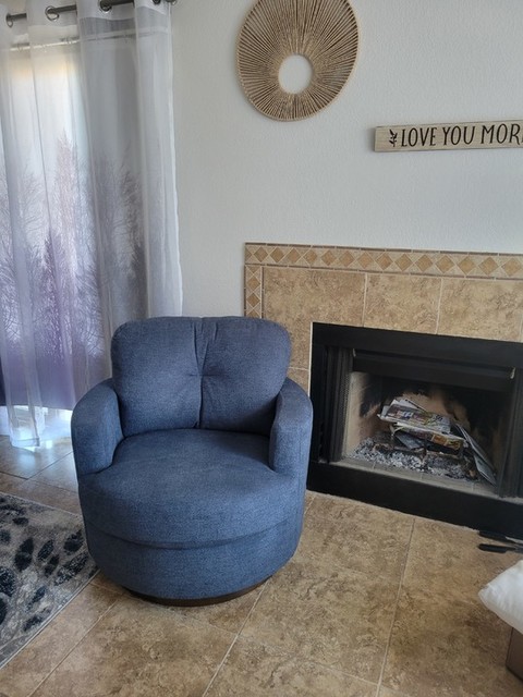 Liv Denim Blue Fabric Swivel Barrel Arm Chair Living Spaces