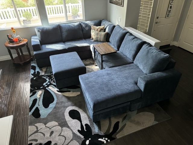 Colby Navy Blue Fabric 128 3 Piece U Shaped Sectional with Left Arm Facing Tux Right Arm Facing Chaise Living Spaces